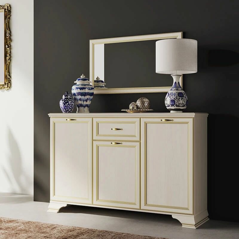 Комодино Сиена, 909x1394x389, цвет Бодега белый (патина "золото")