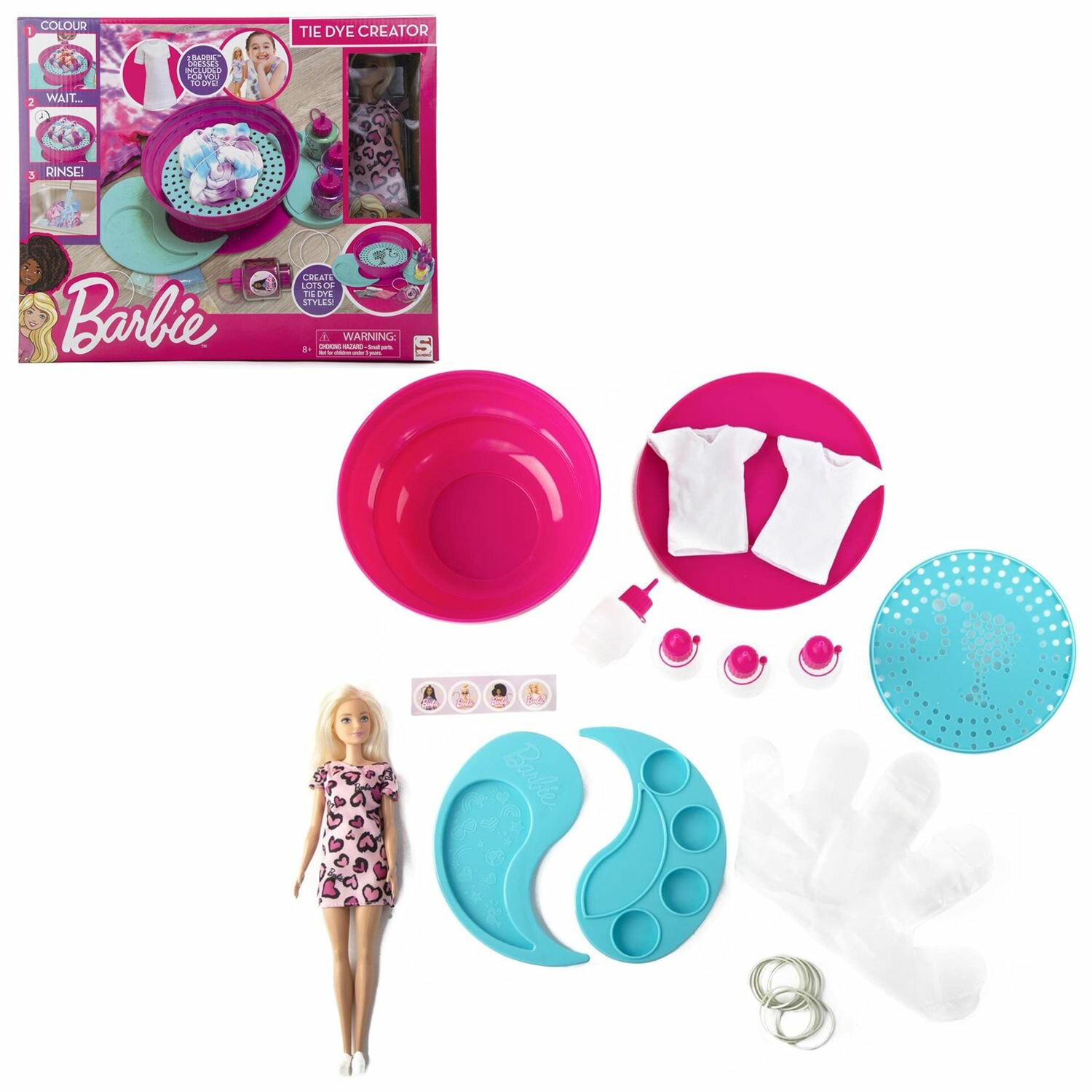 Игровой набор Barbie - Студия моды, в наборе: 1 кукла Барби 30 см, аксессуары, два белых платья для куклы и четыре фломастера для их раскрашивания, серия Tie-Dye Fashion Maker, возраст 8+, BRB-4879