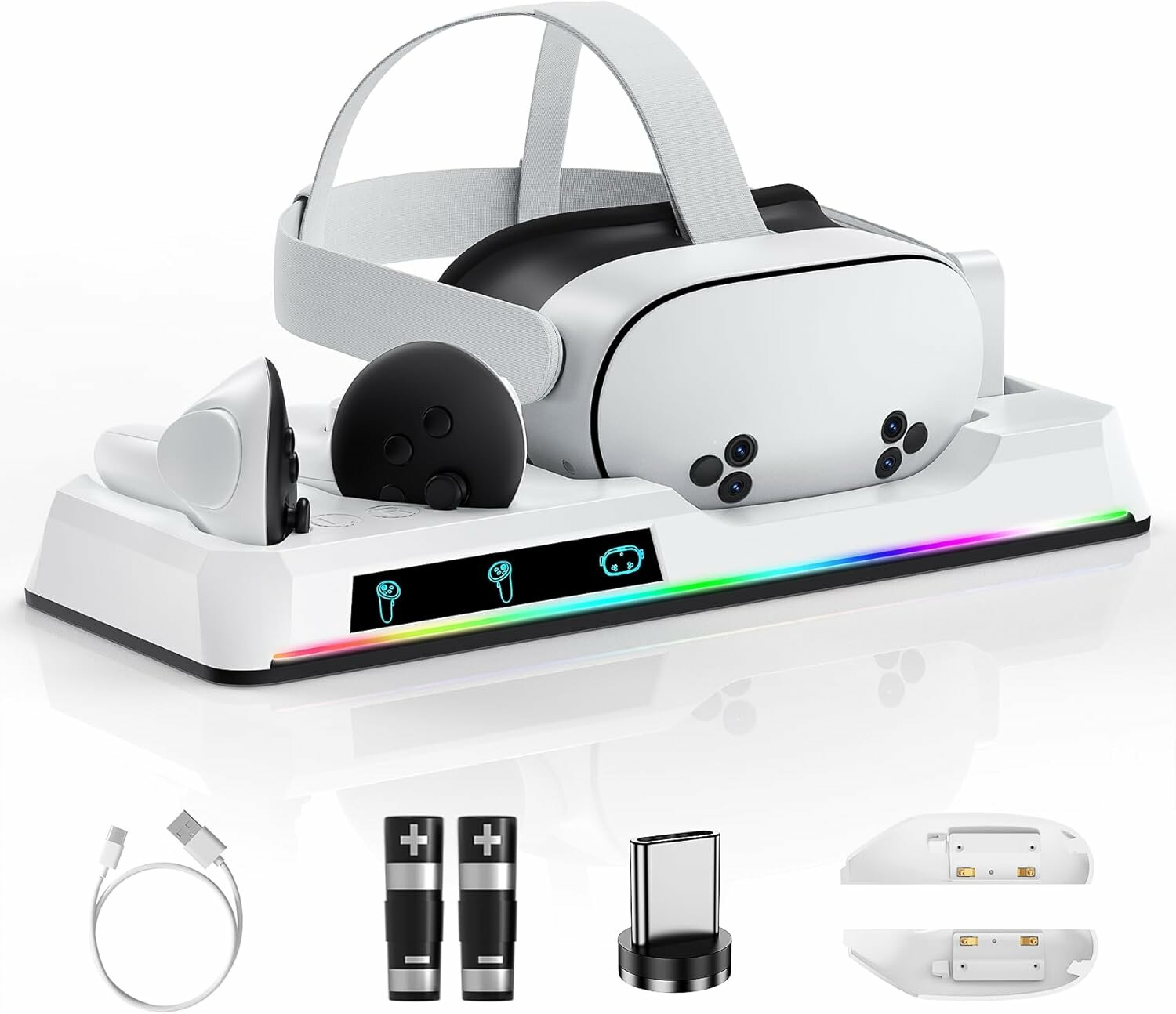 Зарядная станция для Oculus Quest 3/3S: Магнитная VR-зарядка с 2 аккумуляторными батареями, поддержка VR-шлема и контроллеров с LED-индикатором