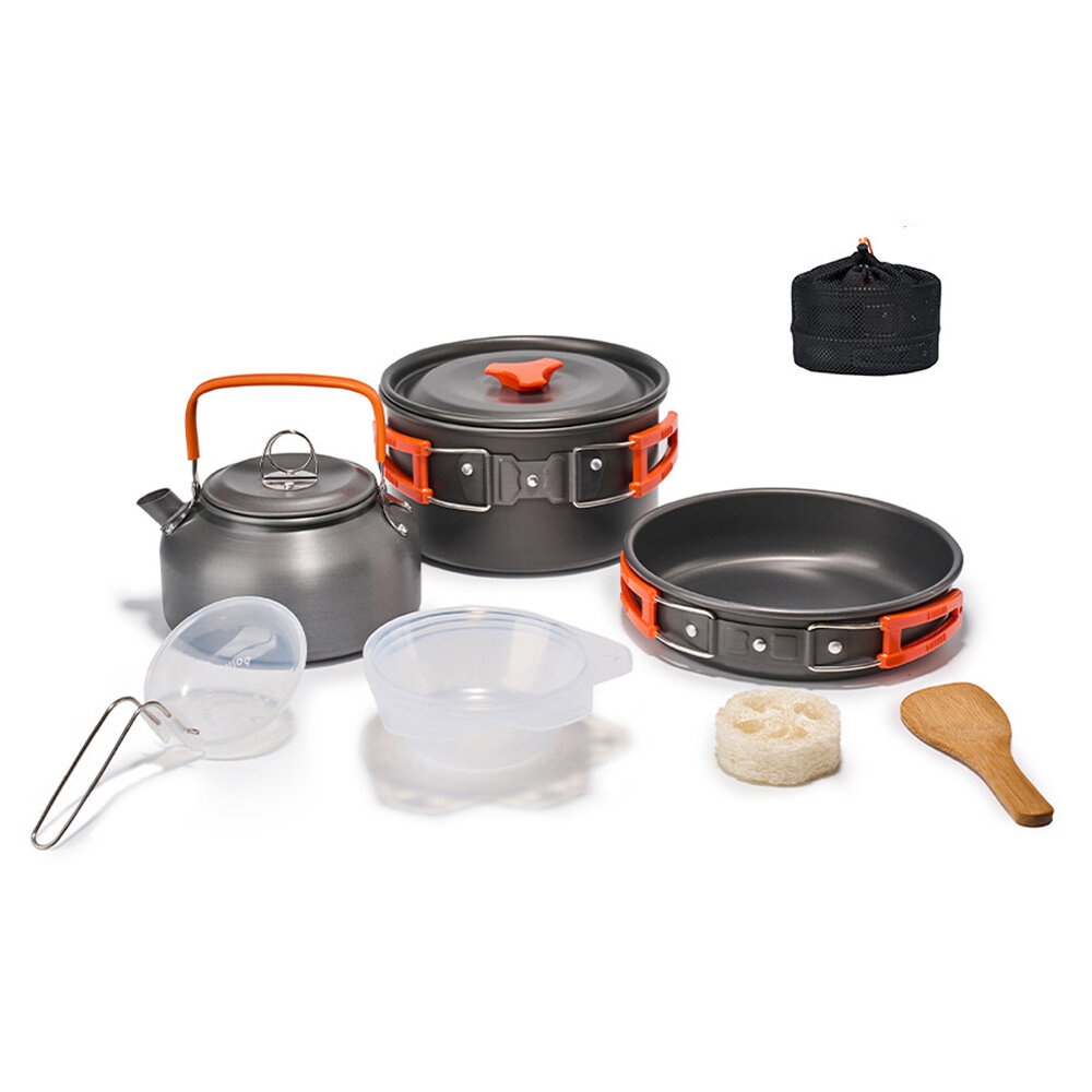 Набор посуды для кемпинга и походов, портативный набор для пикника, алюминиевая кастрюля, сковорода, аксессуары для приготовления еды в путешествиях, цвет: оранжевый, черный (по выбору), материал: алюминий, размер кастрюли: 170*170*100мм, сковороды: