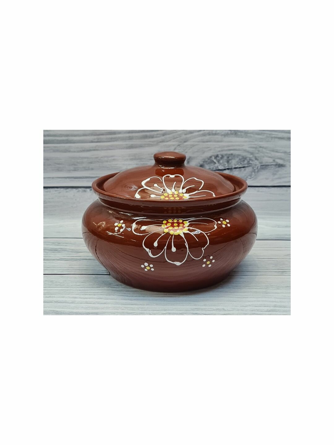 Пельменница большая "Ромашка коричневая", с крышкой, керамика, объем 1.8 л, диаметр 20.8 см, высота 15 см
