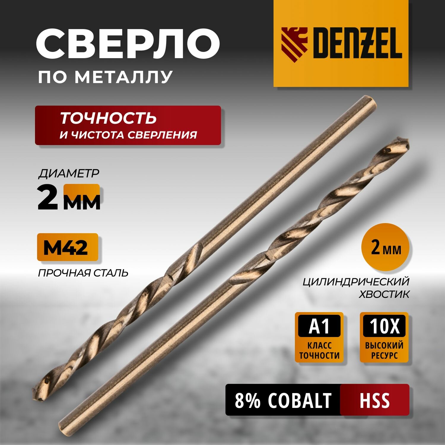 Сверло по металлу, 2 мм, HSS Co-8%, 2 штуки Denzel