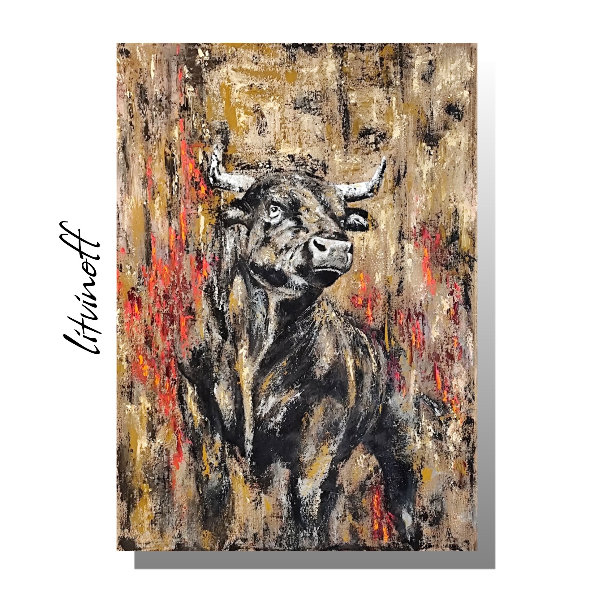 Картина "Бык", холст 70x50см, масло, живопись, абстракция, ручная работа, интерьерная картина