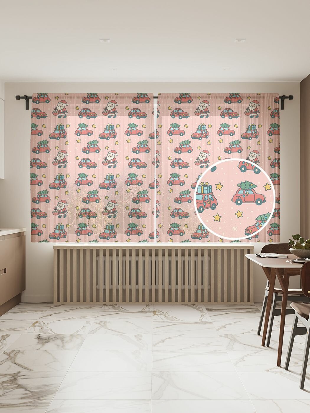 Тюль, фототюль короткий "Санта с машинкой" высота 180 см, ширина 145 см (по 2 полотна), JoyArty, серия Новый год