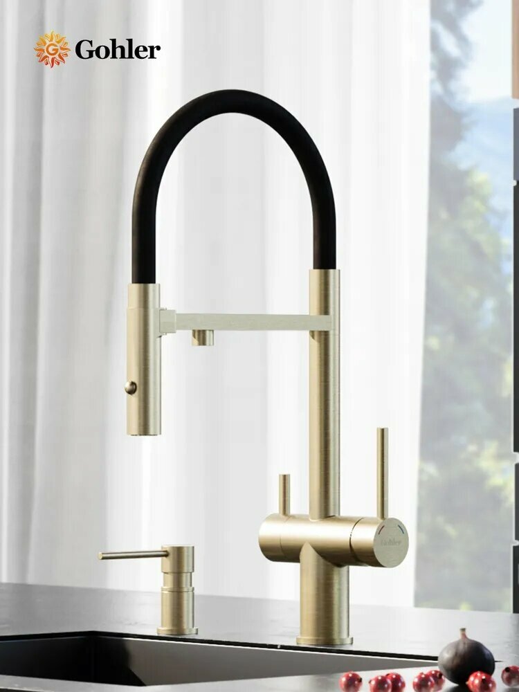 Смеситель для кухни с гибким изливом и краном под фильтр для питьевой воды Gohler G4204G золотой