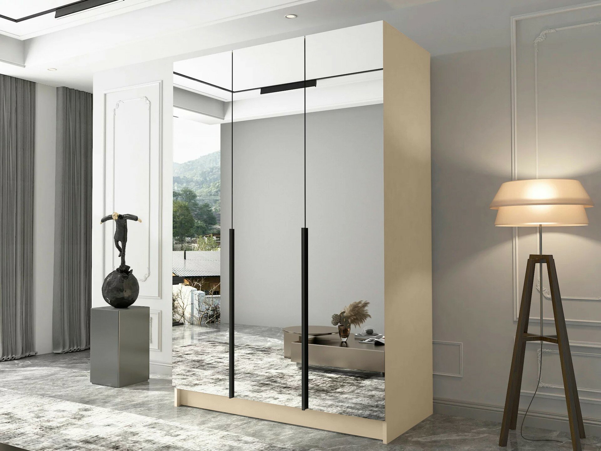 Трехсекционный шкаф Элли с 3 зеркалами (черные ручки) Бежевый 2077 PE NEW 150*45*260 см Фиеста