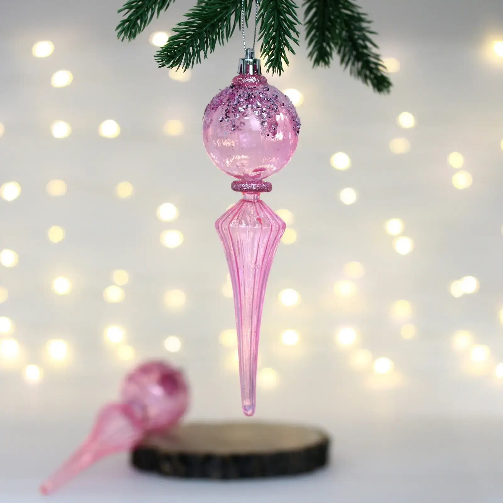 Елочные украшения «Изящный блеск» 5.3*5.3*19 см (набор 2 шт), Розовый, пластик, для елки и декорирования