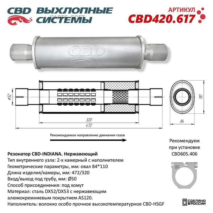 Резонатор универсальный под трубу d50, L490, овал d84*110 мм. Нержавеющий. от официального дистрибьютора, CBD, артикул CBD420617