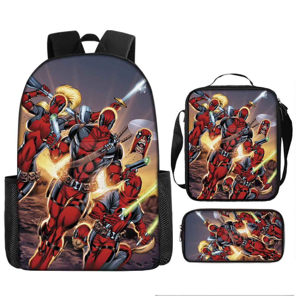 Новый трансграничный рюкзак Дэдпул с героями мультфильмов, большой вместительный рюкзак, сумка на плечо, чехол для ручек, комплект из трех предметов, дропшиппинг