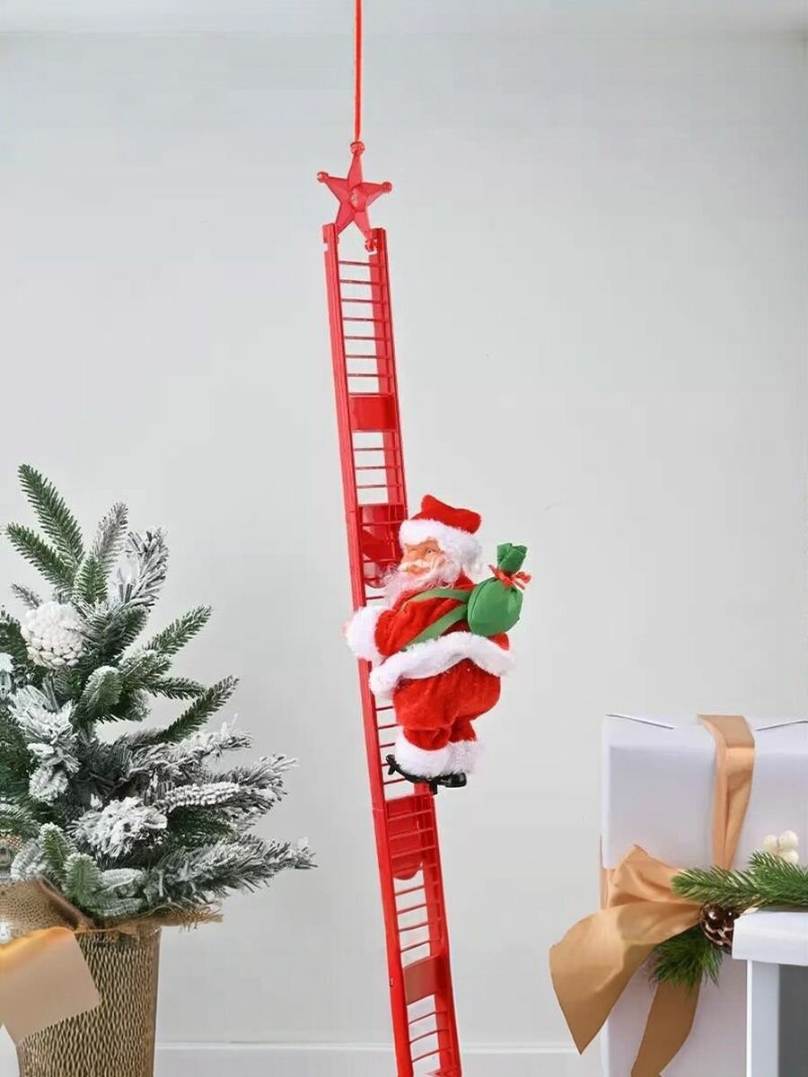 Дед Мороз на лестнице (красной) 72х6 см, электрический / Музыкальный Дед Мороз / Праздничный декор