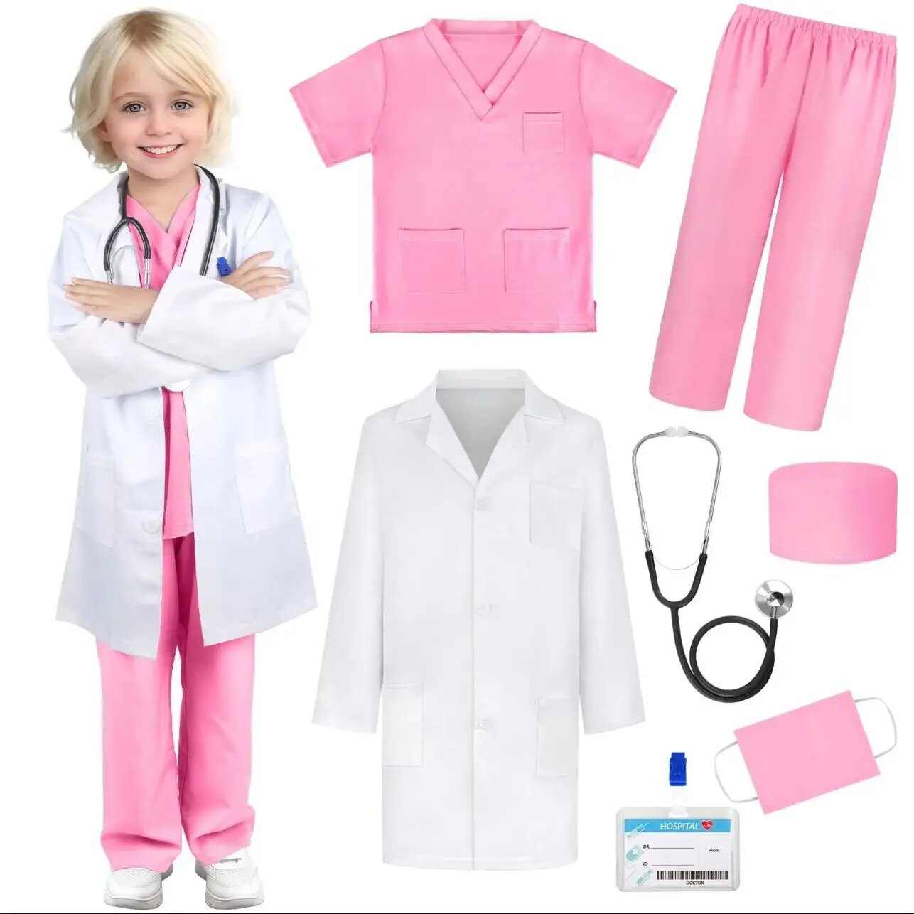 Детский костюм врача, розовый, 130 см (6T)