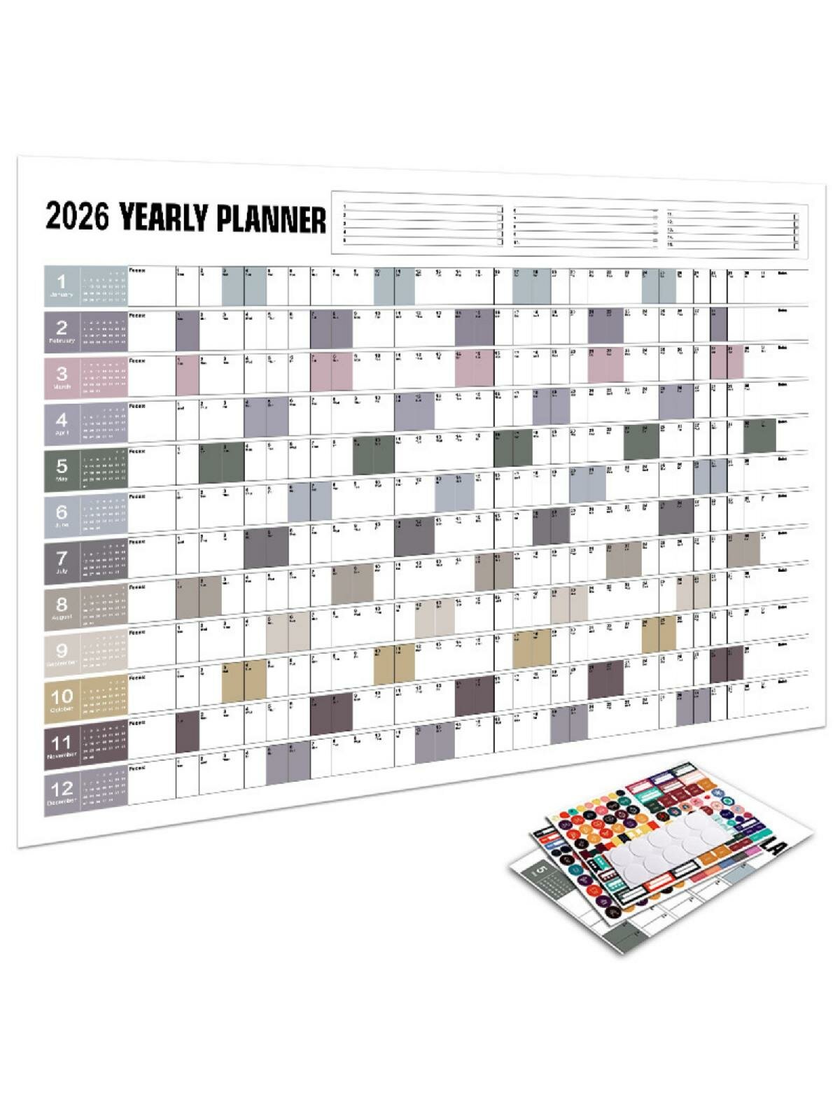 Годовой календарь Rainbow Designs на 2026 год для дома, офиса, школы, 10 многоразовых наклеек