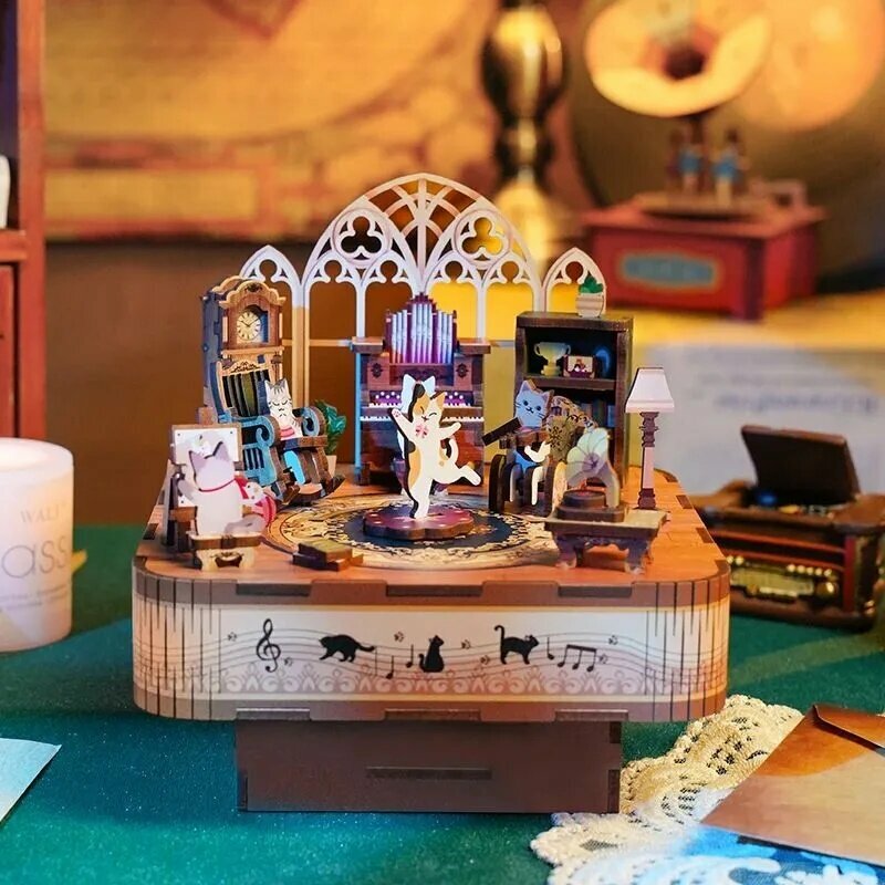 TONECHEER 3D креативная музыкальная головоломка DIY набор для сборки вращающейся музыкальной шкатулки (Семейка кошек)