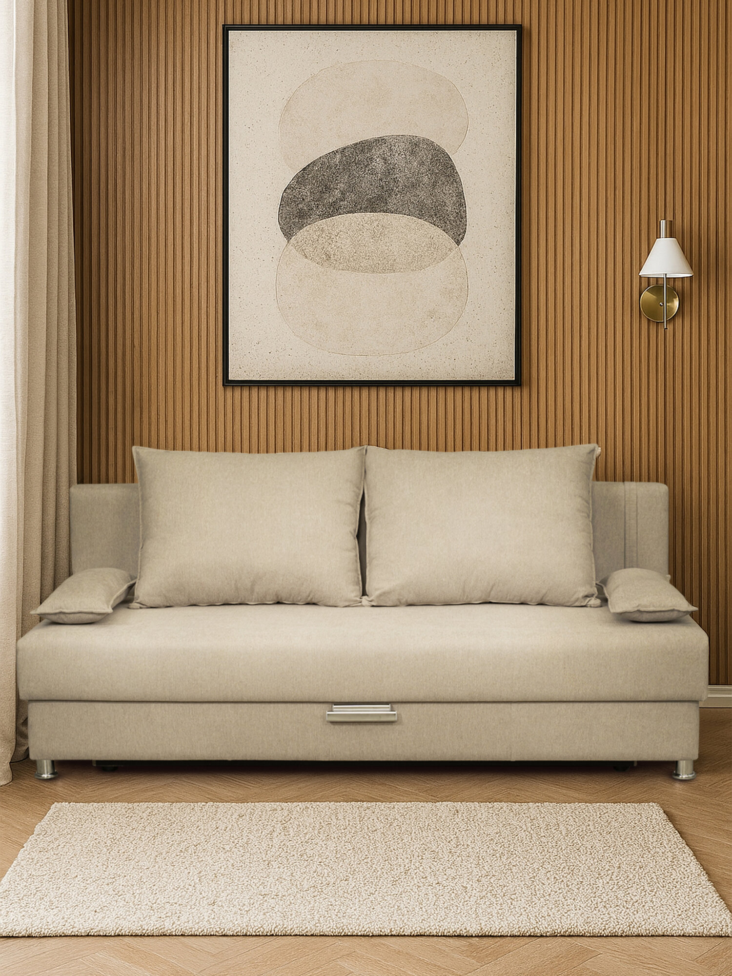 Диван-кровать MARLEN Лион, механизм тик-так, раскладной, велюр, бежевый, 193×90×92 см, антивандальный