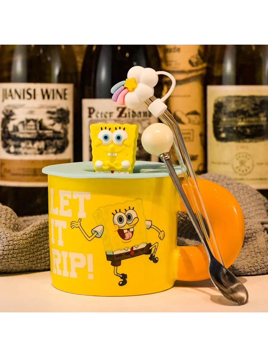 Керамическая кружка с ложкой и трубочкой 350 мл "Спанч Боб" в подарочной упаковки