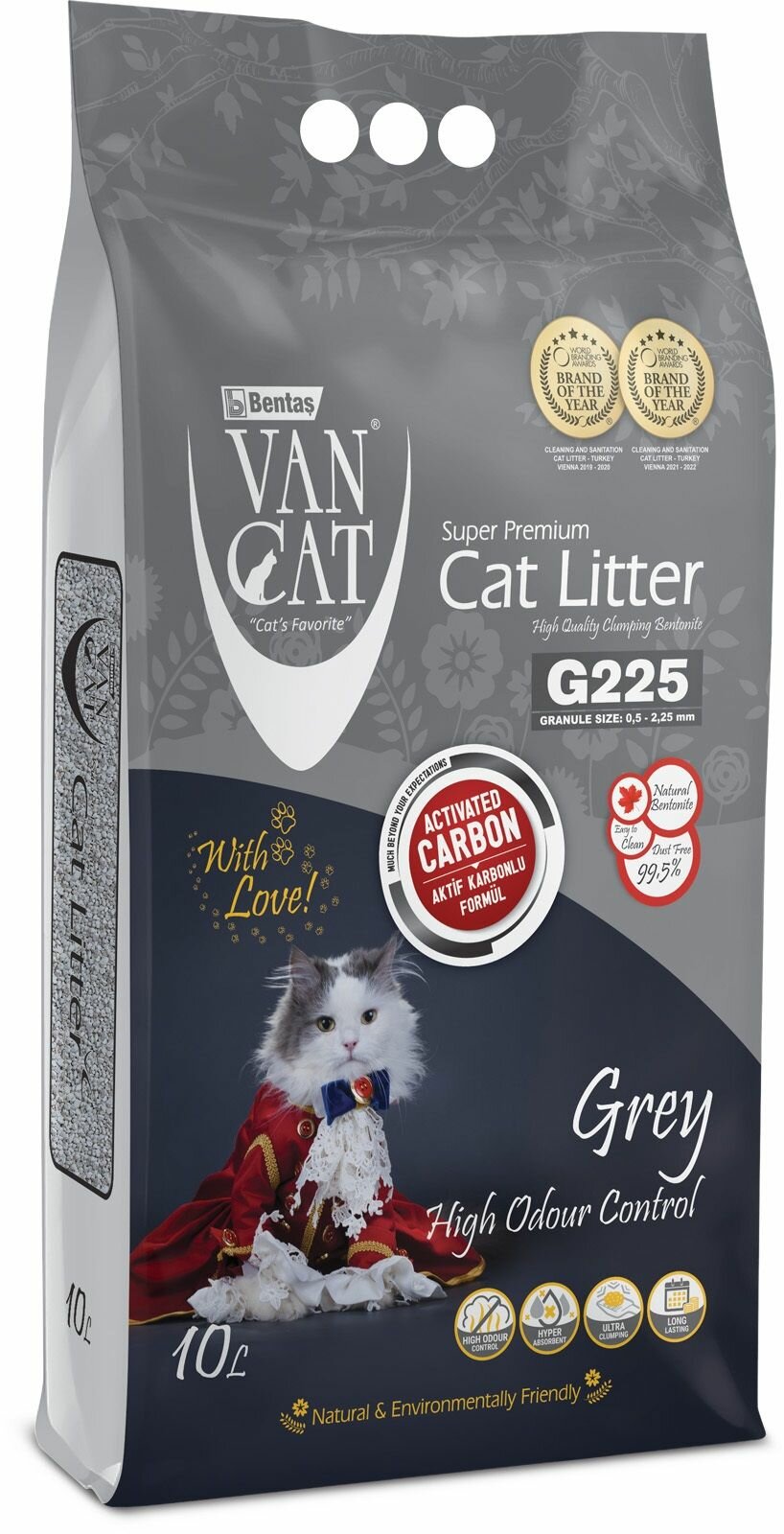 VanCat Наполнитель для туалета кошек Grey, комкующийся, с активированным углем, 10 л, 8.8. кг