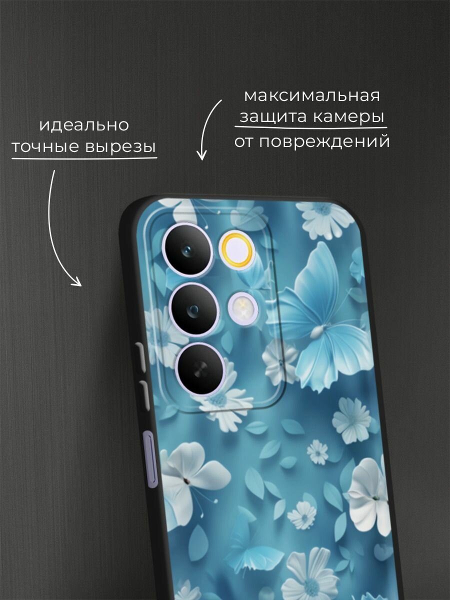 Черный матовый чехол на Realme C85 / Реалми C85 с принтом Голубые глазурные цветы