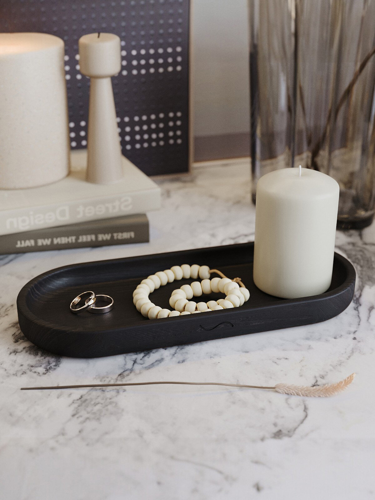 Декоративный деревянный поднос, подставка для украшений, свечей и мелочей Astrid S, 25х9.5 см, бук, черный