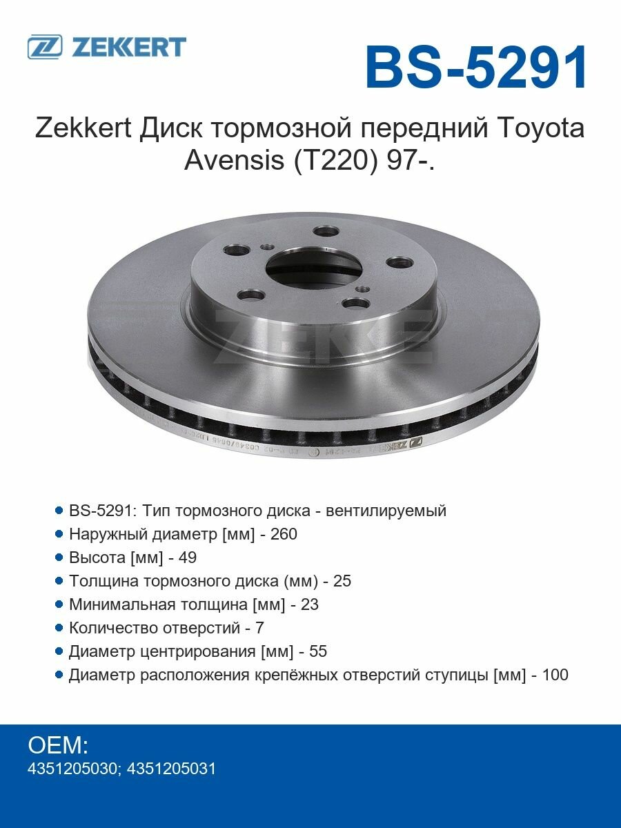 Zekkert Диск тормозной передний Toyota Avensis (T220) 97-.