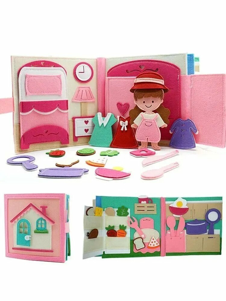 Развивающая мягкая книжка для девочек, набор для кукольного домика из фетра на липучках "Одевалка"