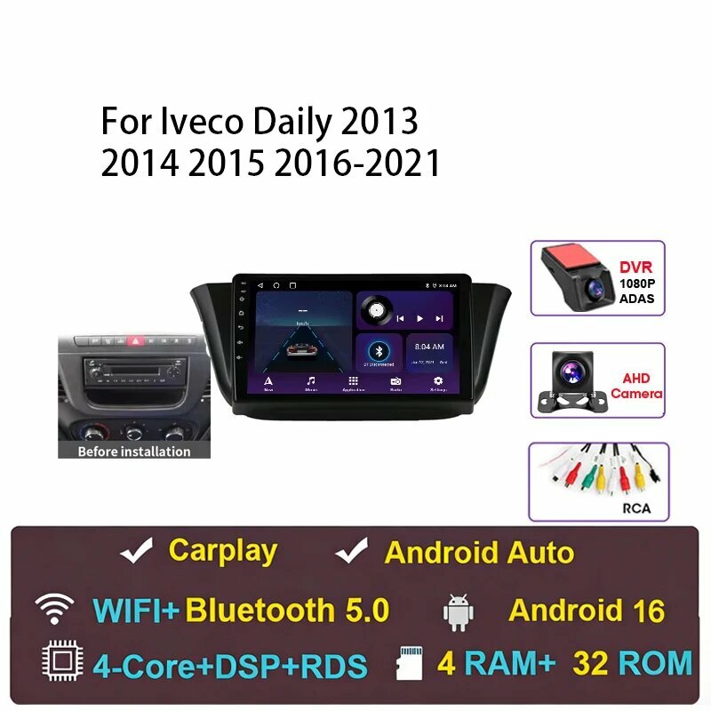Автомагнитола Android 16 для Iveco Daily 2013-2021 с беспроводным CarPlay, U3 4G-32G M AHD DVR