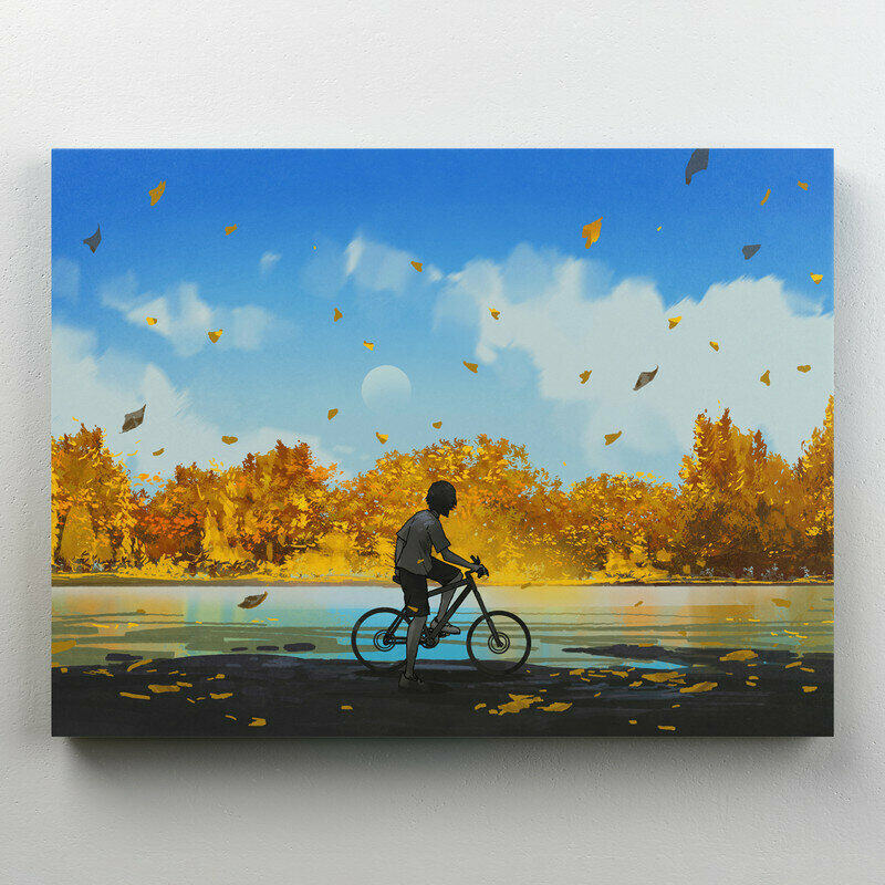 Интерьерная картина на холсте "Велосипедист и осенний лес" размер 30x22 см