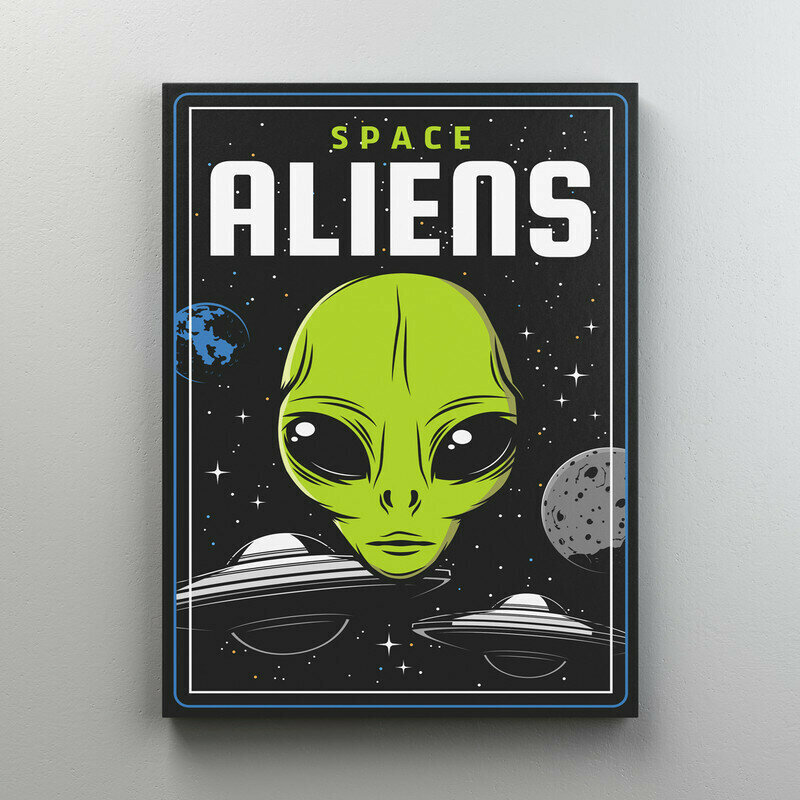 Интерьерная картина на холсте "Винтажный постер - инопланетянин в космосе" размер 22x30 см