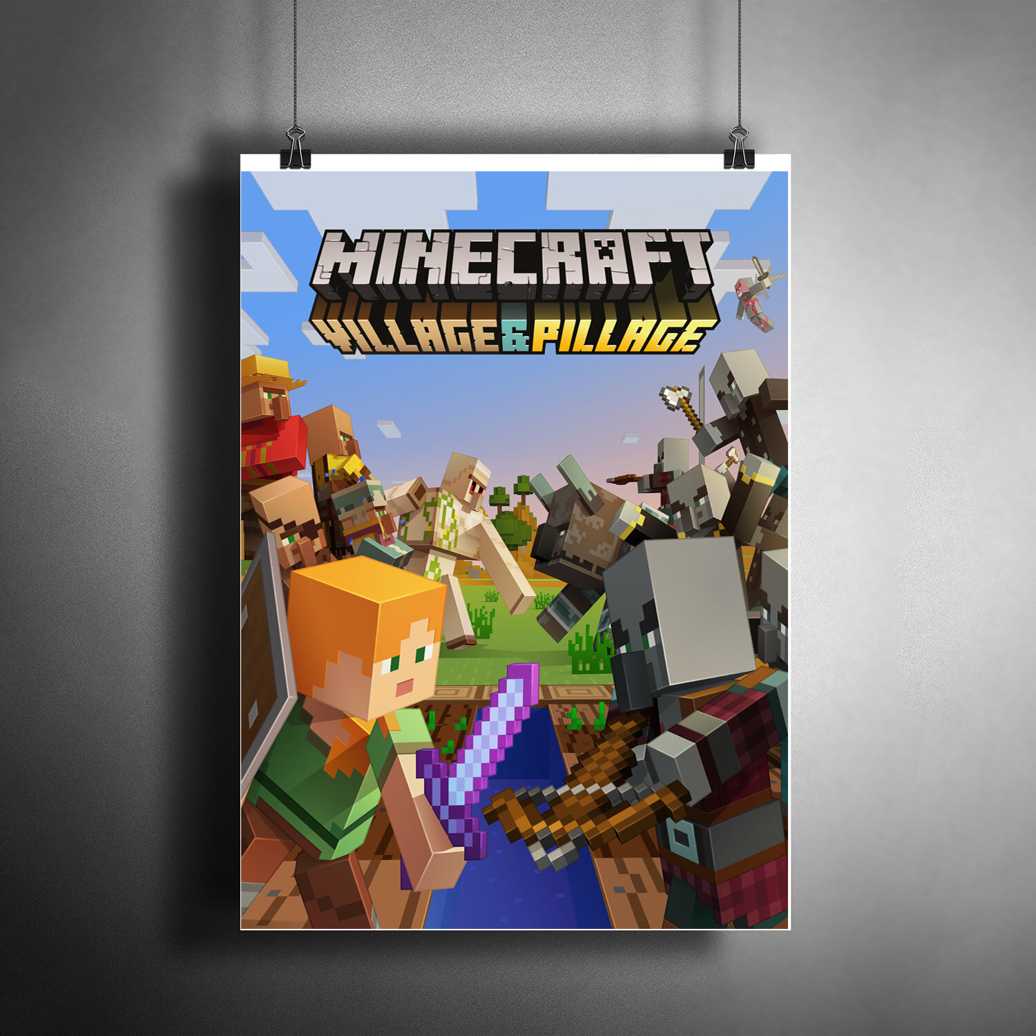 Постер плакат для интерьера "Компьютерная игра Майнкрафт: деревни и грабежи (Minecraft)"/ A3 (297 x 420 мм)