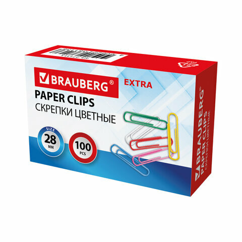 Скрепки EXTRA BRAUBERG 28 мм цветные 100 штук, 271313