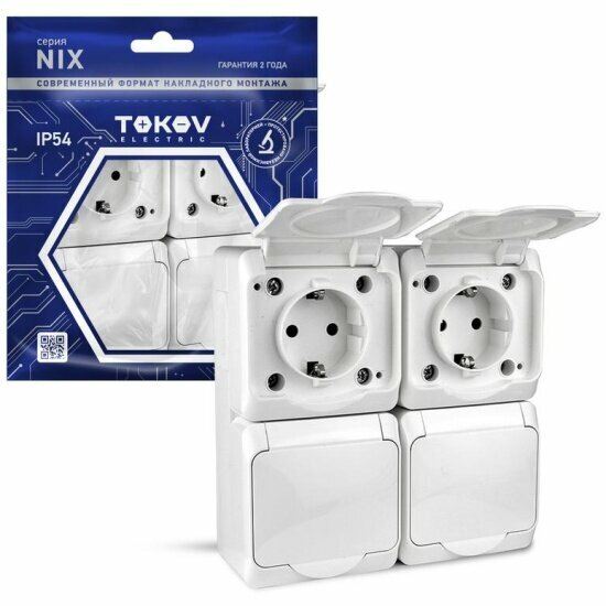 Розетка Tokov Electric 4-м ОП Nix 16А IP54 250В с заземл. с крышкой бел, TKE-NX-R4Z-C01-IP54