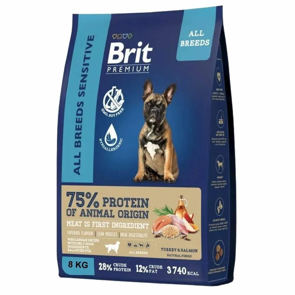 BRIT PREMIUM Сухой корм с лососем и индейкой для собак всех пород "Dog Sensitive", 8 кг