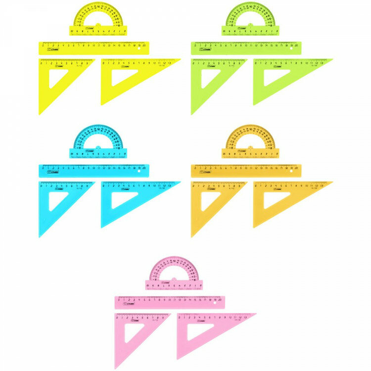 Набор линеек 4 предмета (СТАММ) линейка 20см, 2 угольника, транспортир неоновые цвета ассорти арт. НЧ-30521. Количество в наборе 5 шт.