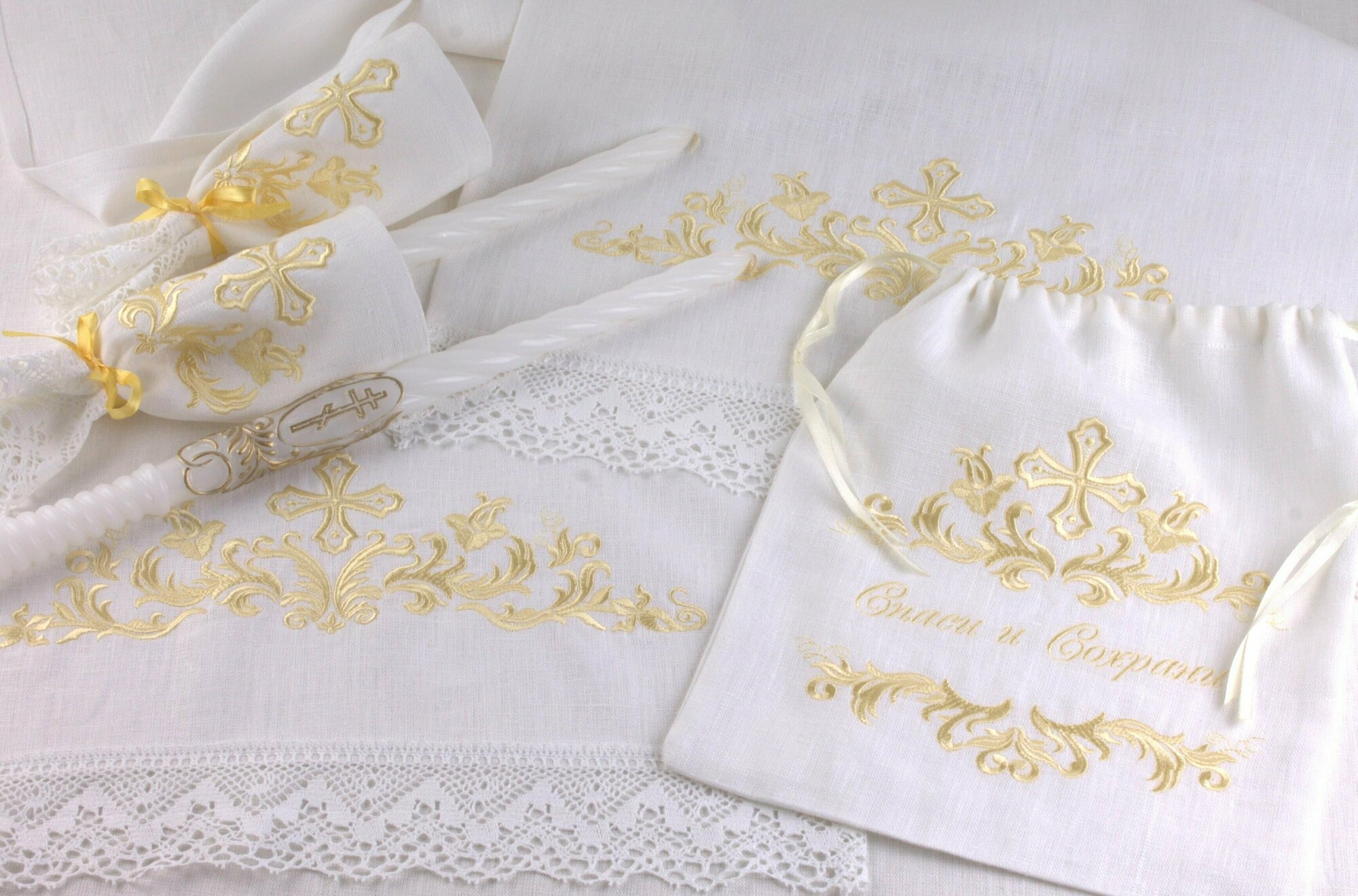 Венчальный набор "Благодарение", 6 предметов, в комплекте с парафиновыми свечами, лён, вышивка