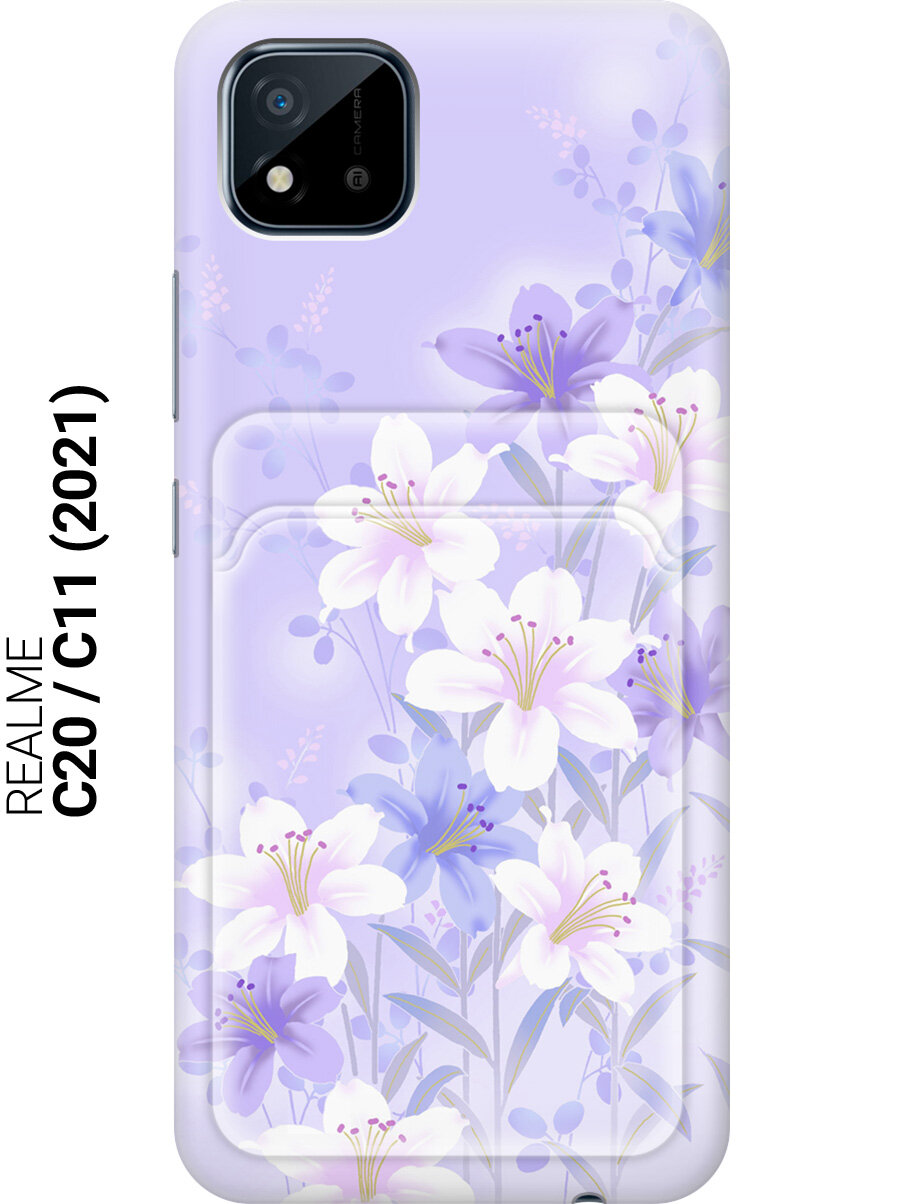 Чехол с карманом для карт на realme C20 / C11 (2021) / Рилми С20 / С11 (2021) с принтом "Лилии на фиолетовом"