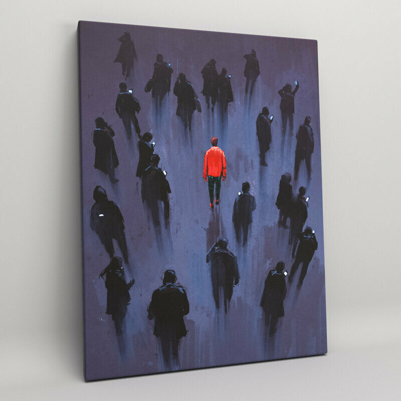 Картина на холсте (интерьерный постер) "Человек в красном среди толпы", с деревянным подрамником, размер 22x30 см