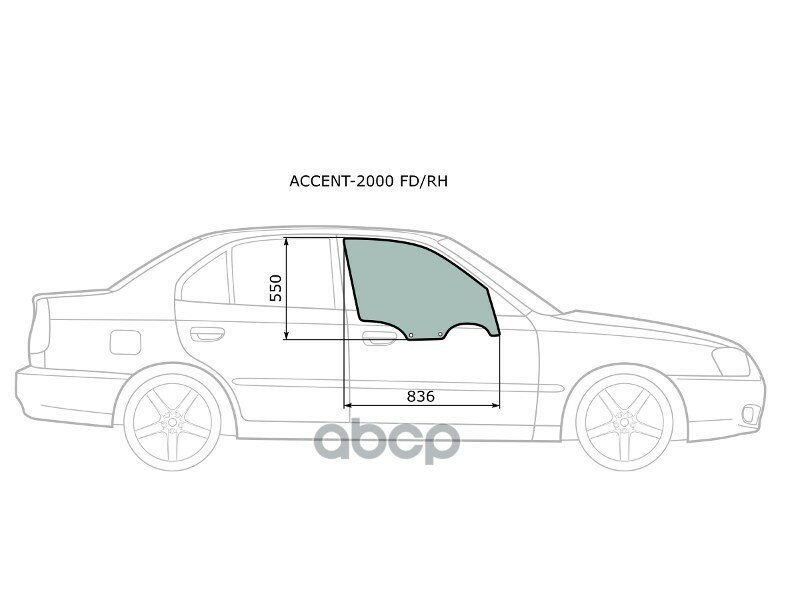 Стекло боковое опускное (Спереди/ Справа/ Цвет зеленый) Hyundai Accent 99-12 / Verna 00-06 XYG арт. ACCENT-2000 FD/RH