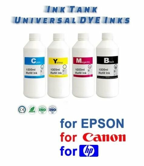 Чернила универсальные для струйных принтеров Epson, Canon, HP InkTank, комплект 4 цвета по 1л