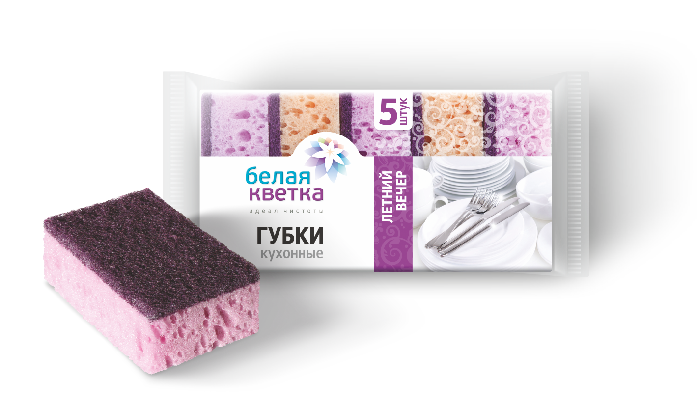 Губка для посуды Белая кветка Летний вечер, 90*60*35мм, 5шт