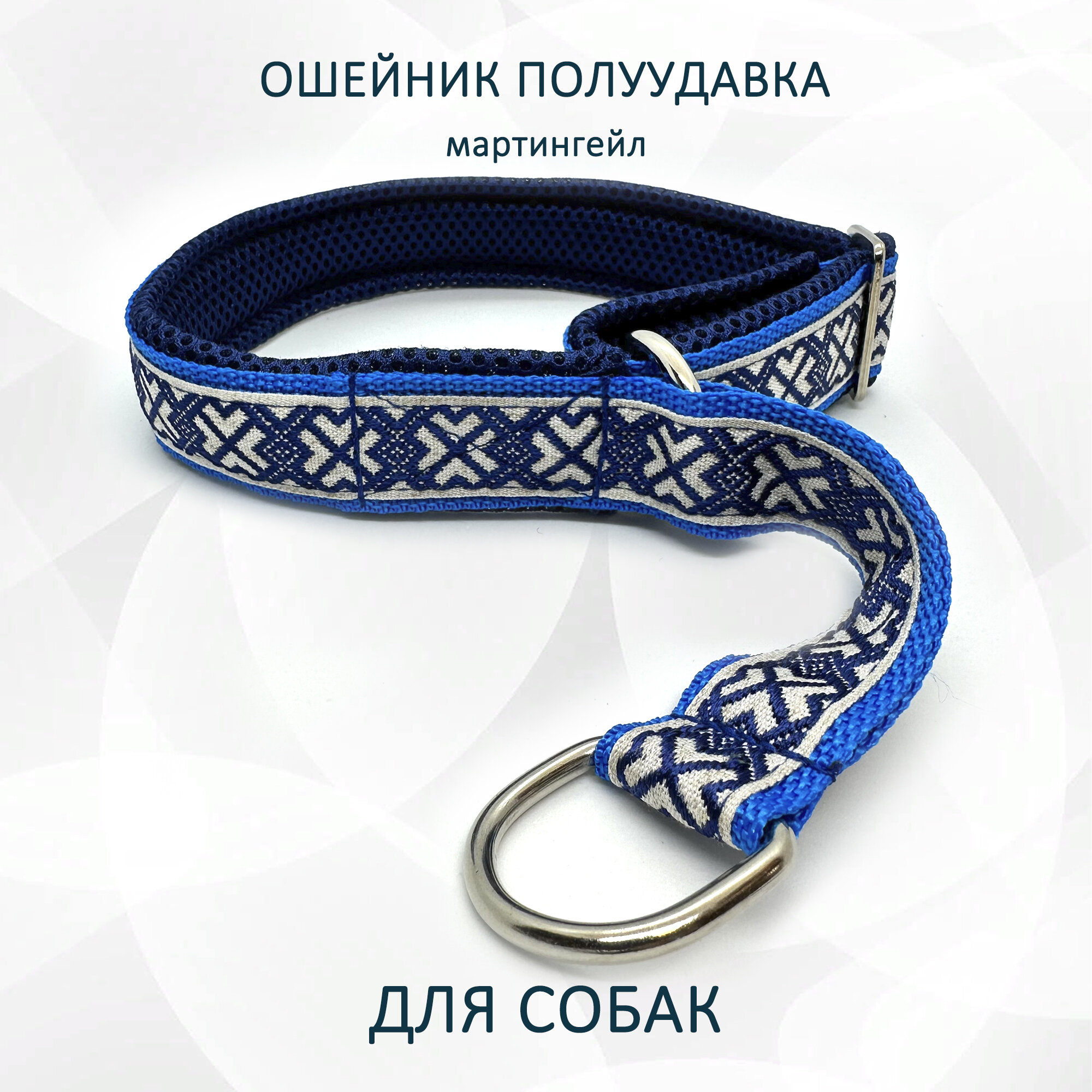 Ошейник для собак полуудавка "Синий дракон" с регулировкой размера. M