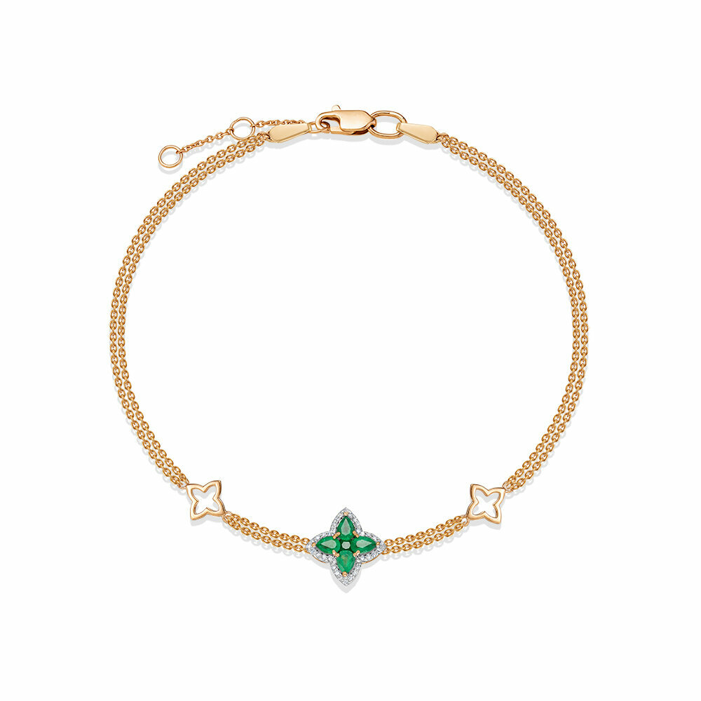 Браслет-цепочка, красное золото, 585 проба, родирование, изумруд