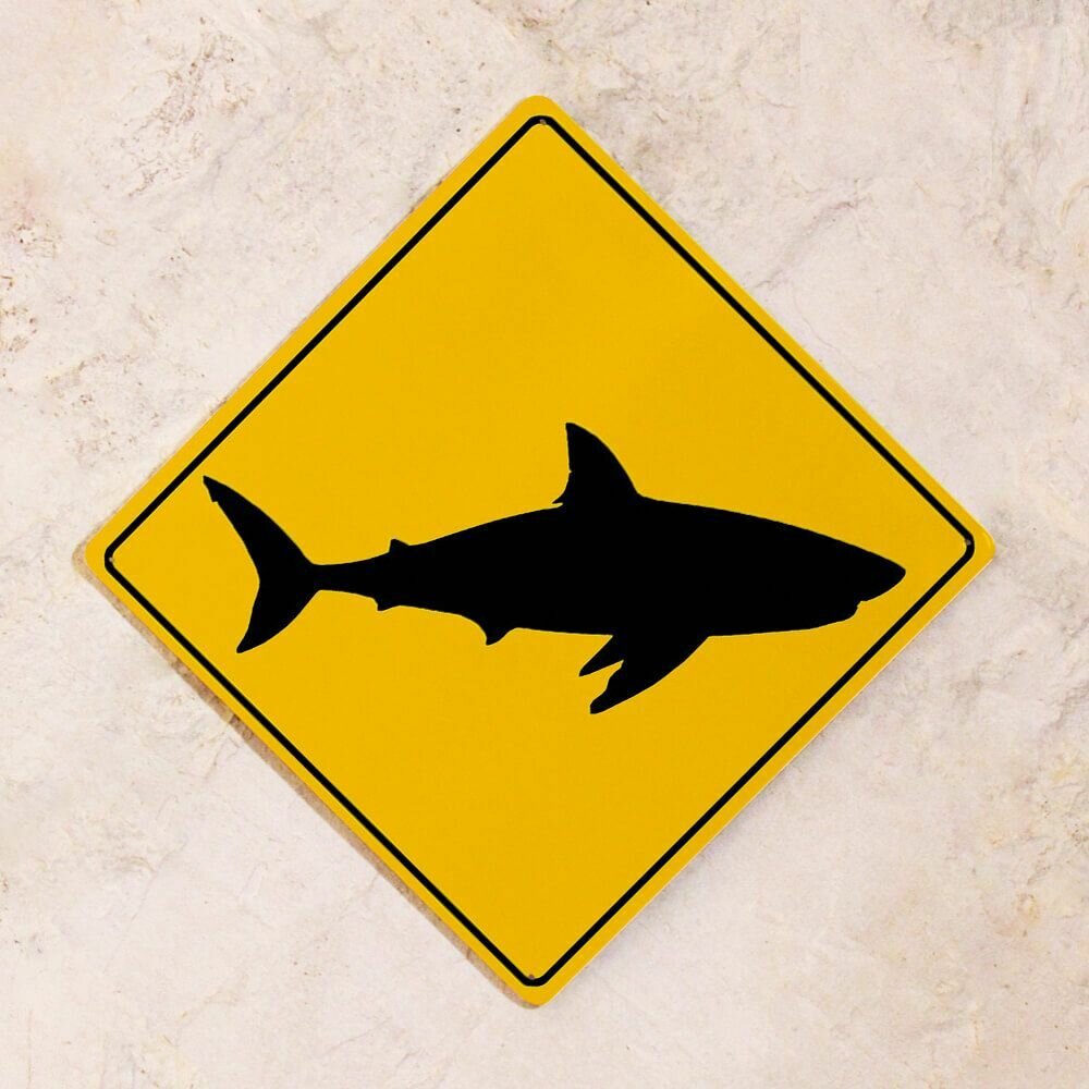Прикольный предупреждающий Знак Осторожно! Акула для улицы и помещений, металл, 25х25 см.