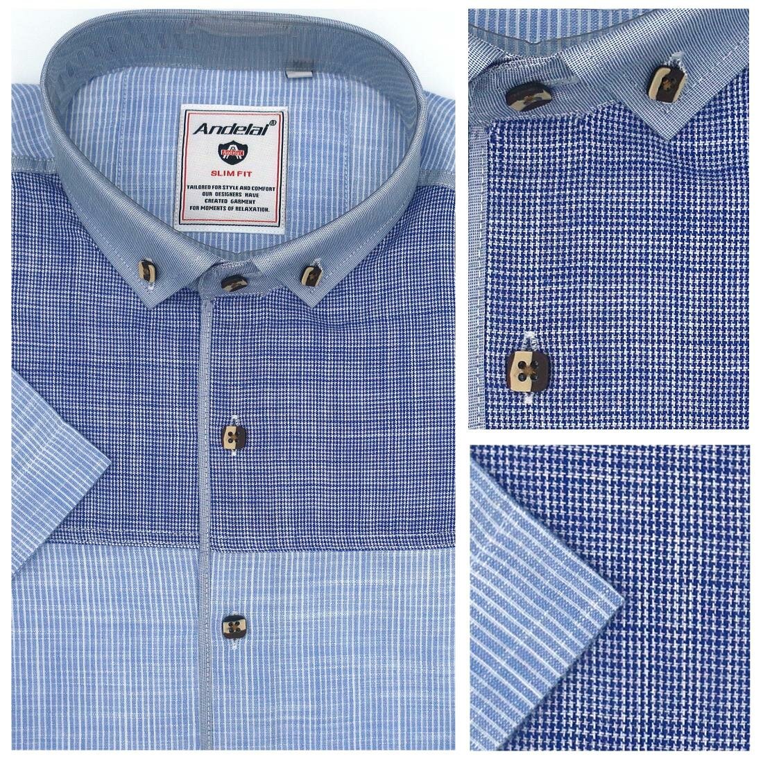 Рубашка приталенная с коротким рукавом мужская рубашка, светлая сорочка, на пуговицах, рубаха на любой сезон, голубая полоска, без карманов, летняя рубашка