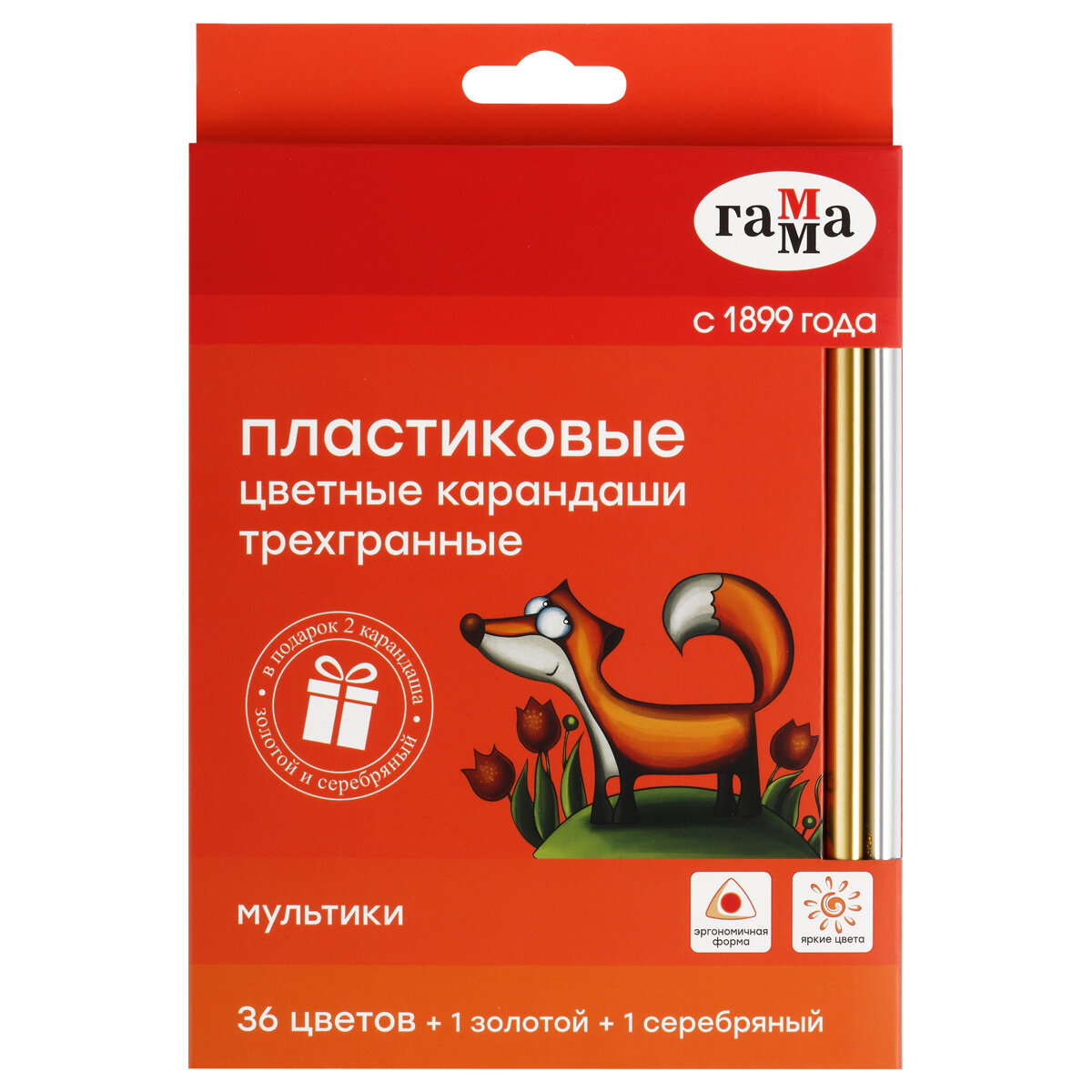 Карандаши цветные пластиковые Гамма "Мультики", 36цв.+1 золотой +1 серебряный, трехгранные, заточен, европодвес, 12 шт. в упаковке