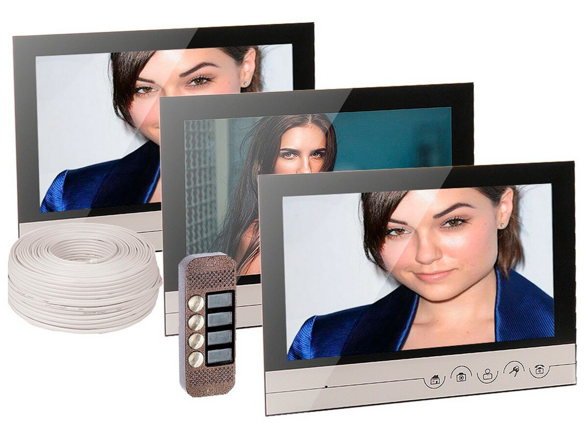 Комплект: цветной домофон на 3 квартиры: 3 монитора EP-V90RM вызывная панель JSB-V084K. Запись по движению