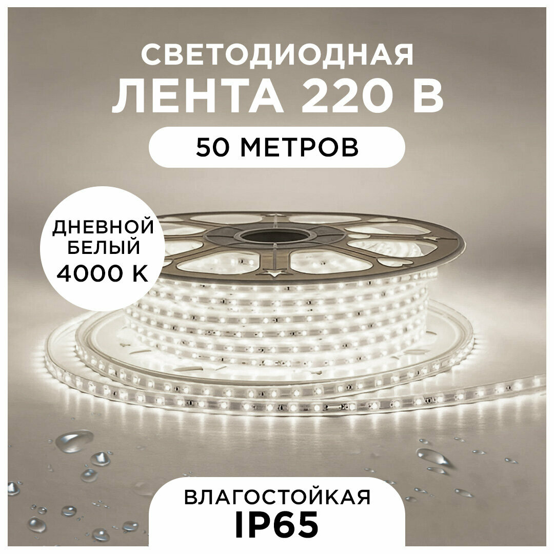 Яркая светодиодная лента 17-43 с работой от сети 220В, 6Вт/м, smd2835, 60д/м, IP65, 400Лм/м, 50м, д/б, 4000К, оболочка из полупрозрачного ПВХ