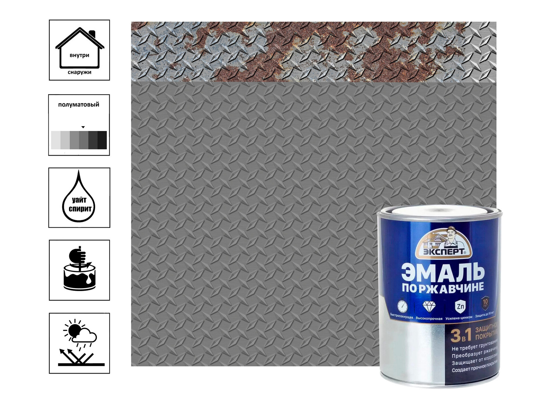 Эмаль Эксперт по ржавчине 3 в 1, полуматовая, серый RAL 7005, 0,8 кг