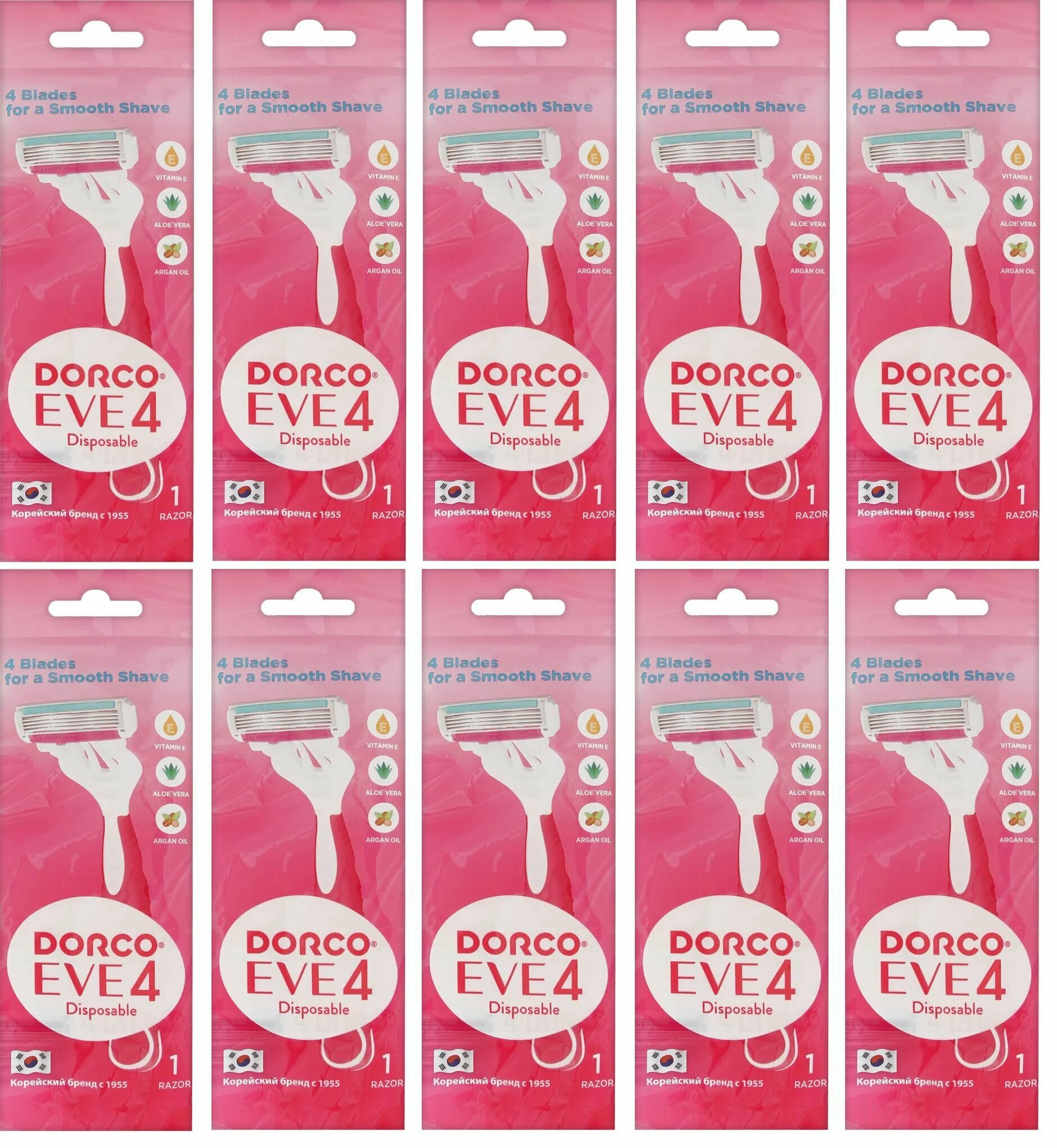 Бритва женская одноразовая Dorco Eve4 10 станков, 4 лезвия, плавающая головка, увлажняющая полоса, прорезиненная ручка