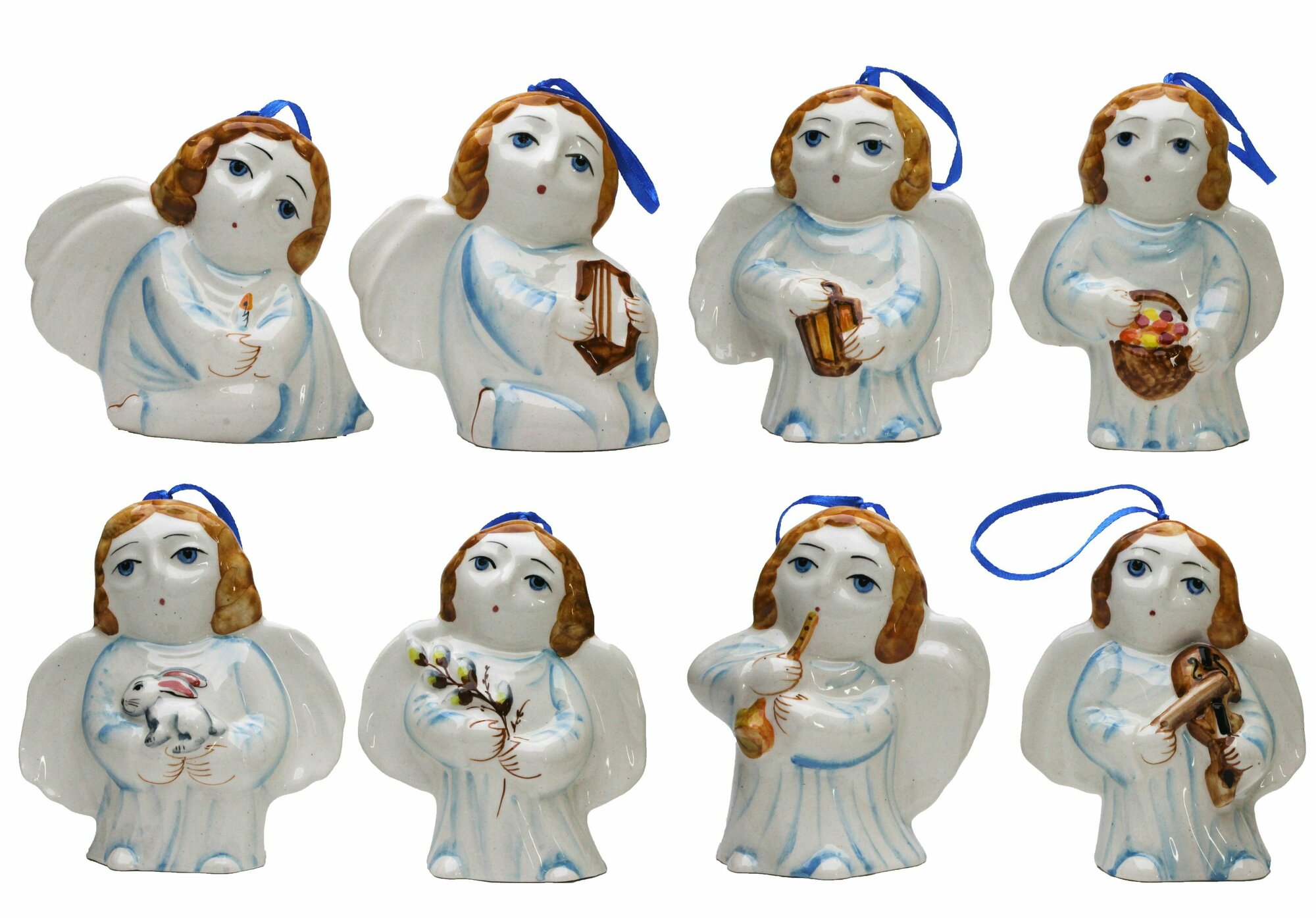 "Рождественские Ангелы" 8 штук в картонной коробке Набор керамических елочных игрушек украшений цветная коллекция