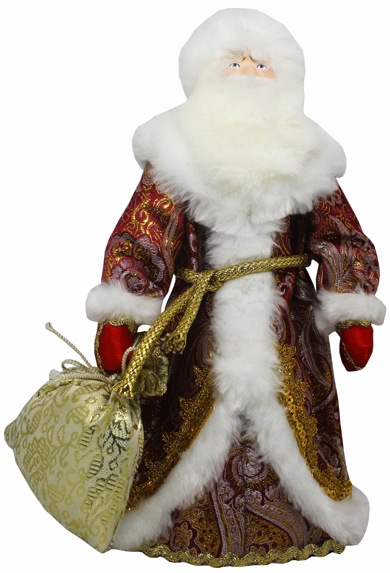 Русский Дед Мороз в красной шубе с поясом и золотым мешком