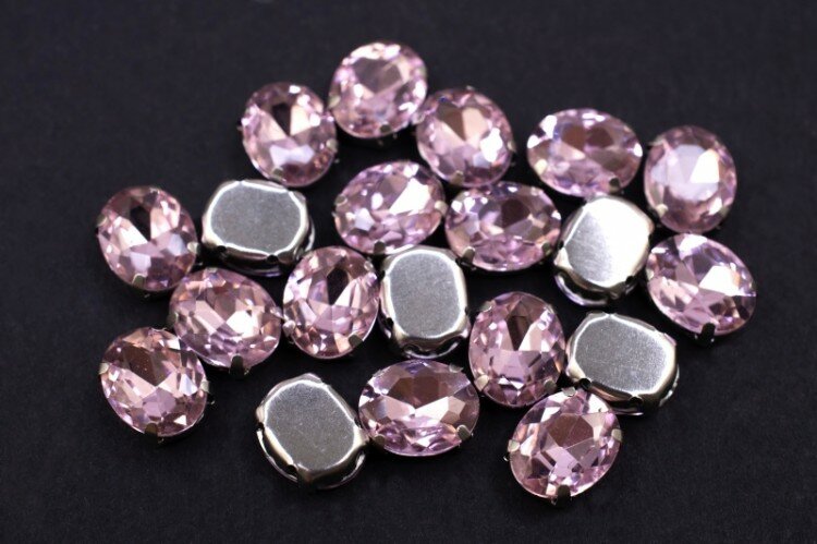 Кристалл Овал 10х8мм пришивной в оправе, цвет розовый, стекло, 43-093, 2шт